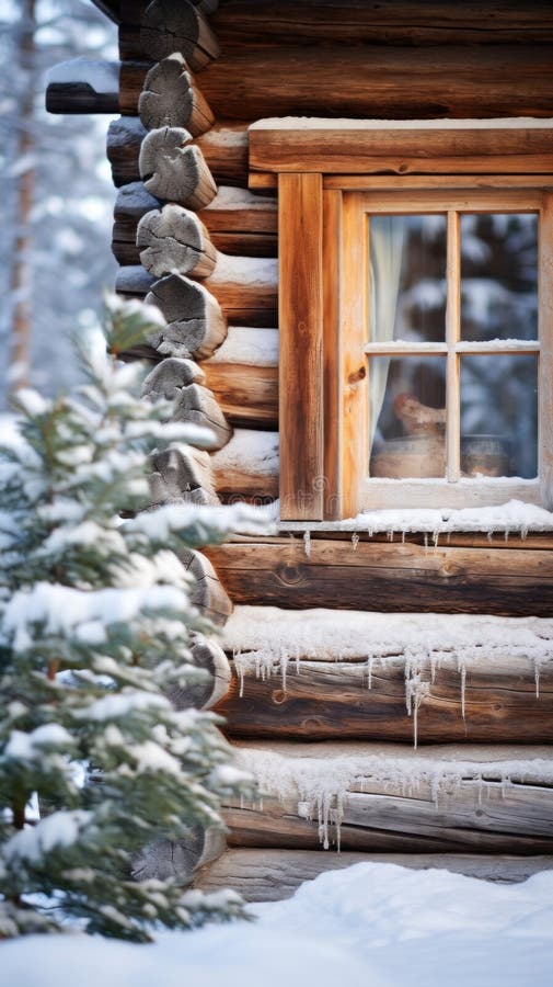 A Log Cabin in the Snow with a Table and Chairs, AI Stock Image - Image ...