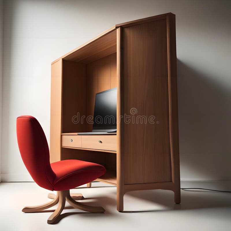 Wooden Cabinet with a Red Armchair and a Computer on it. Generative Ai ...
