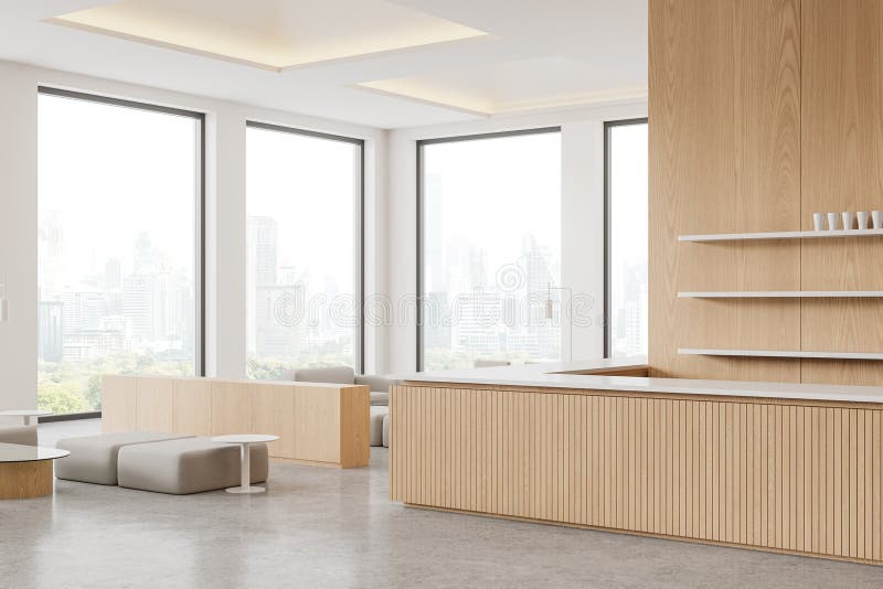 Wooden Cafe Interior with Bar Counter and Dining Space, Panoramic ...