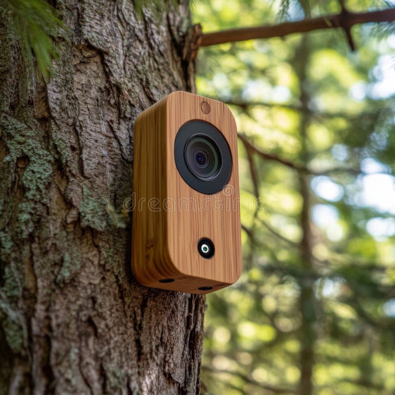 Wooden Camera Mounted on a Tree Trunk in a Forest Stock Illustration ...