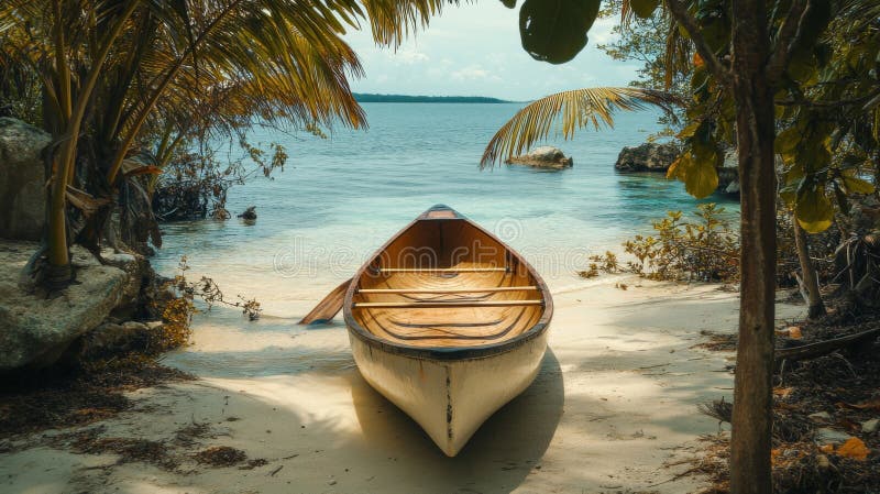 Wooden Canoe on a Secluded Tropical Beach Stock Illustration ...