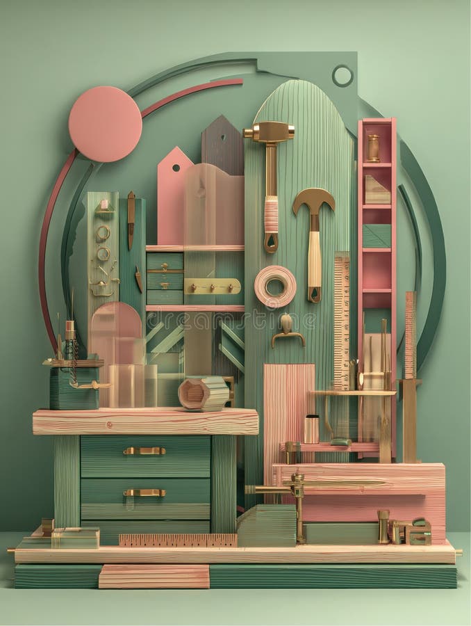 Wooden Carpentry Set Featuring Hammers, Rulers, and a Small Desk with ...