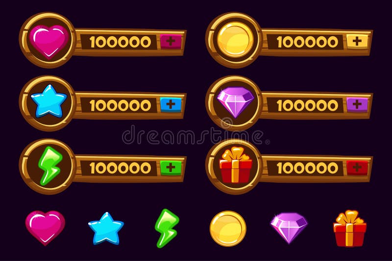 Wooden Cartoon Game Assets Set. Vector Elements and Icons. Addition ...