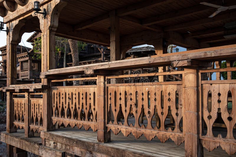 Wooden Carved Railing of a Large Wooden House Stock Photo - Image of ...