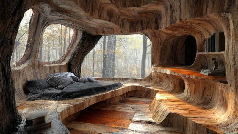 Wooden Cave House Interior Design with Forest View Stock Illustration ...