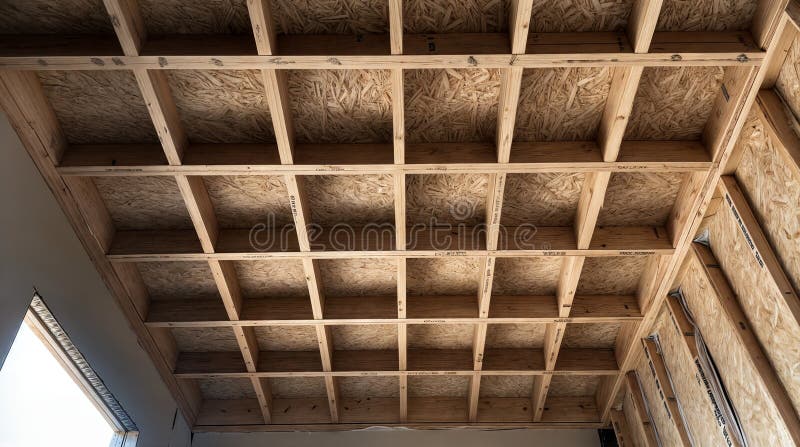 Wooden Ceiling Grid Creating Geometric Pattern in Modern House ...