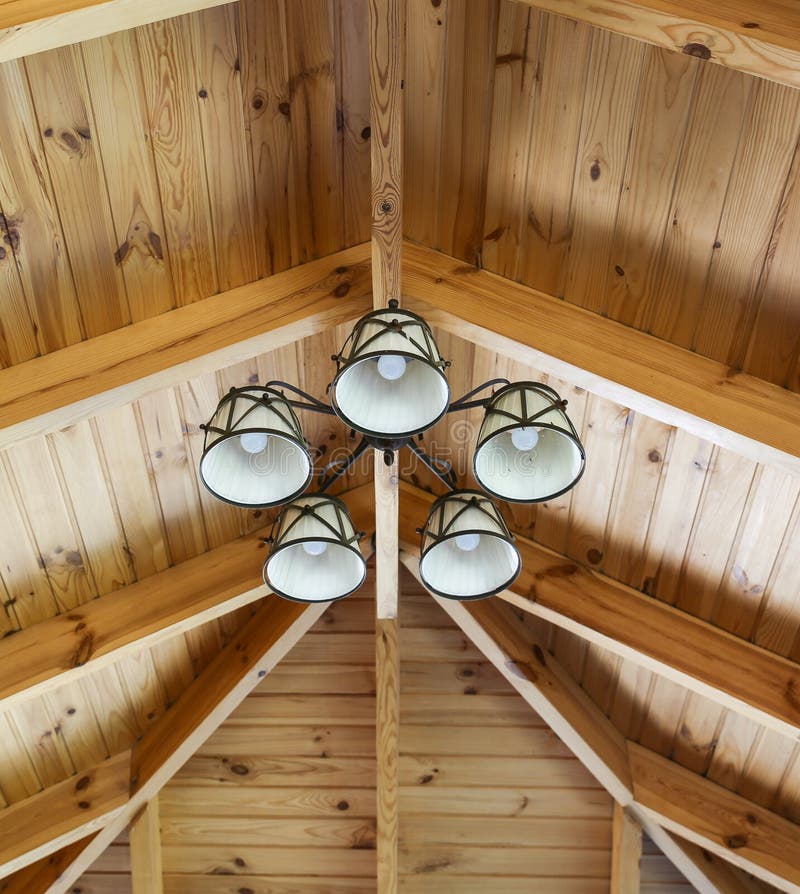 Wooden Ceiling in Rustic Style. Vintage Lamps Stock Image - Image of ...