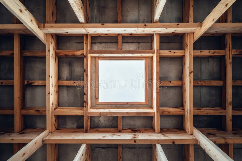 Wooden Ceiling Structural Framework Under Skylight with Exposed Beams ...