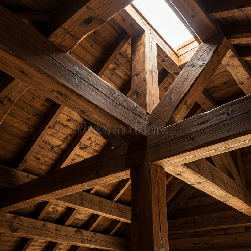Wooden Ceiling Structure Featuring Exposed Beams and Trusses Crossing ...