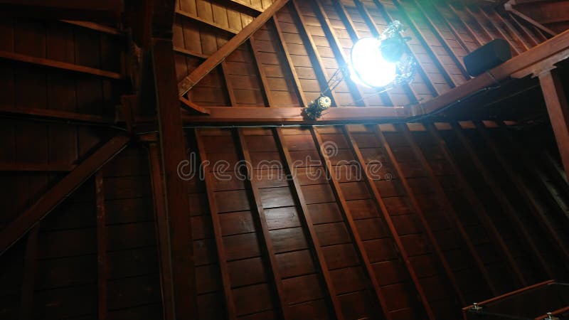 Wooden Ceiling Structure with Hanging Light in Traditional Architecture ...