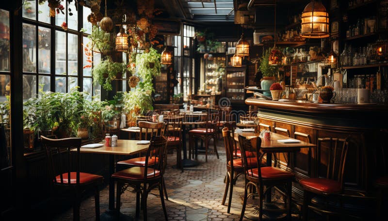 Wooden Chair in a Modern Pub, Illuminated by Night Lights Generated by ...