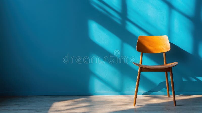 A Wooden Chair is Sitting in Front of a Blue Wall Stock Image - Image ...