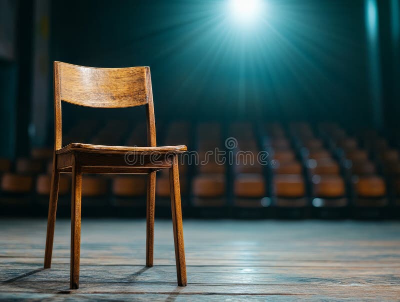 Wooden Chair on Stage with Soft Beam of Light in Empty Auditorium ...