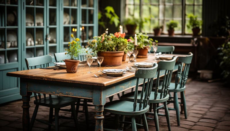 Wooden Chair, Table, Plant Modern Design, Comfortable Indoors Generated ...