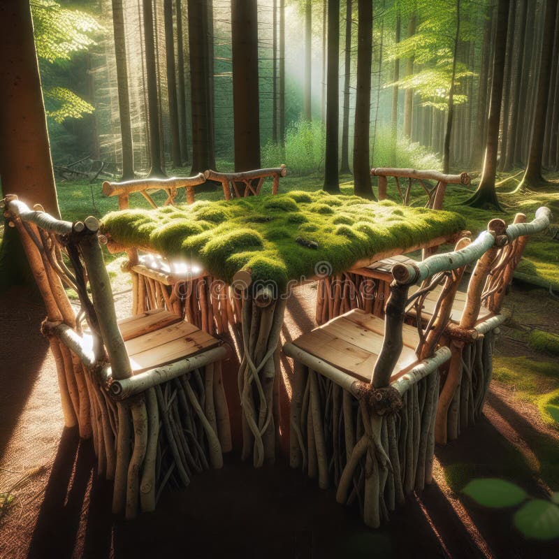 Wooden Chairs Standing Around a Table Covered with Green Moss on the ...