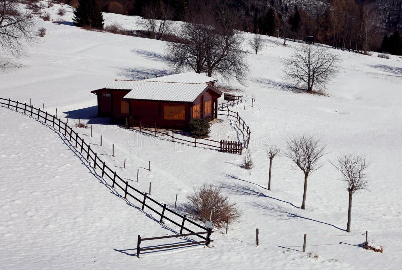 Wooden chalet in winter stock image. Image of building - 88208503