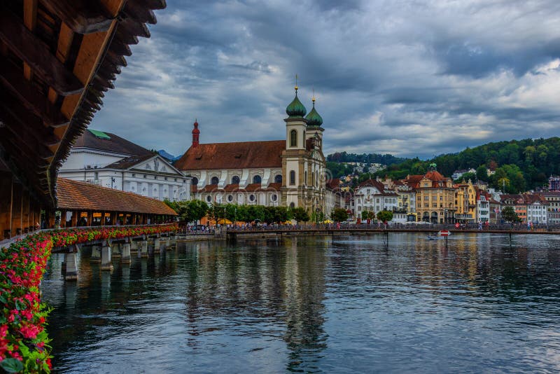 The Wooden Chappel Bridge in Lucerene Stock Image - Image of famous ...