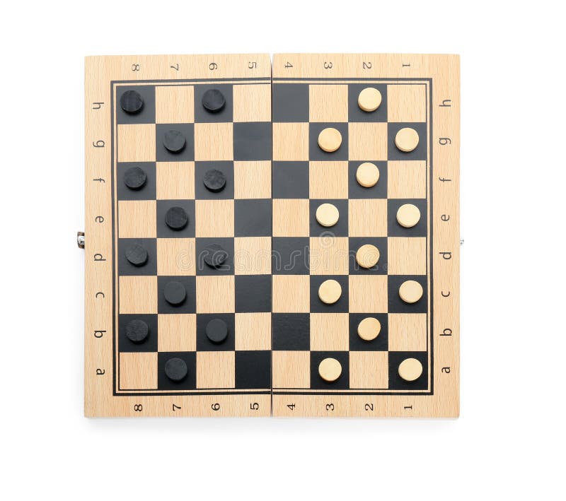 Wooden Checkerboard with Game Pieces Isolated on White, Top View Stock ...