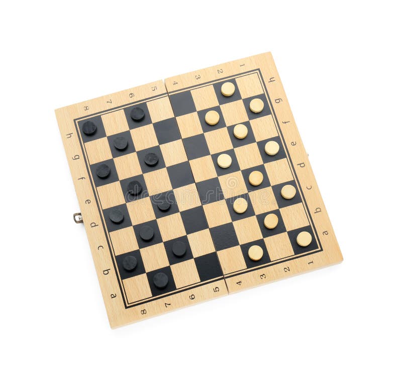 Wooden Checkerboard with Game Pieces Isolated on White, Top View Stock ...