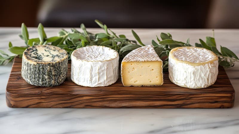 A Wooden Cheese Board Featuring Various Types of Cheese and Decorative ...