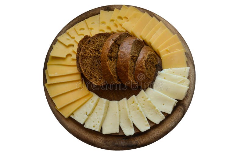Wooden Cheese Plate with Bread Isolated on White Stock Photo - Image of ...