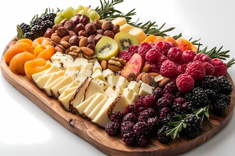 A Wooden Cheese Platter with Various Strips of Cheese, Fruit, and Nuts ...