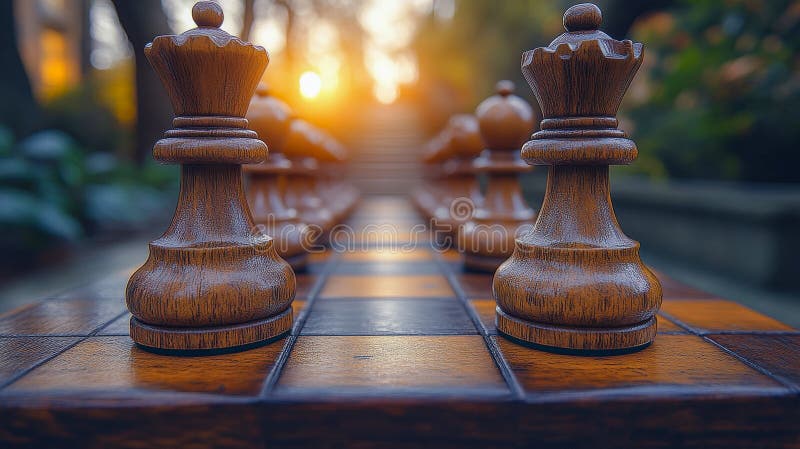 Wooden Chess Pieces Lined Up on a Board Outdoors, Sunset in the ...