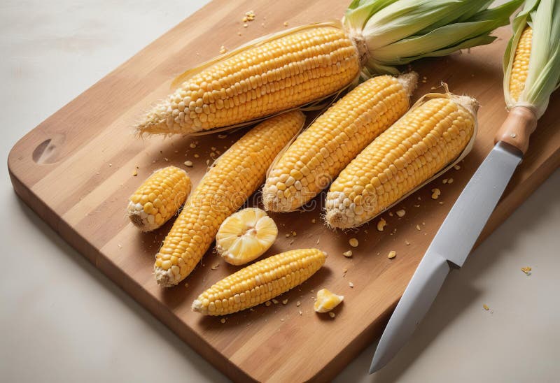Wooden Chopping Board with Fresh Corn on Table Stock Illustration ...