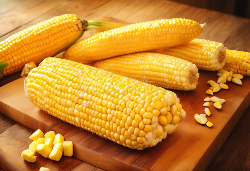 Wooden Chopping Board with Fresh Corn on Table Stock Illustration ...