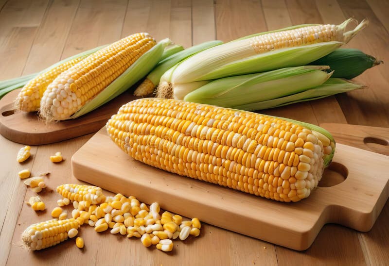 Wooden Chopping Board with Fresh Corn on Table Stock Illustration ...