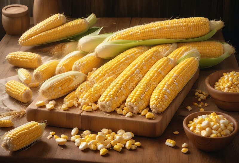 Wooden Chopping Board with Fresh Corn on Table Stock Illustration ...