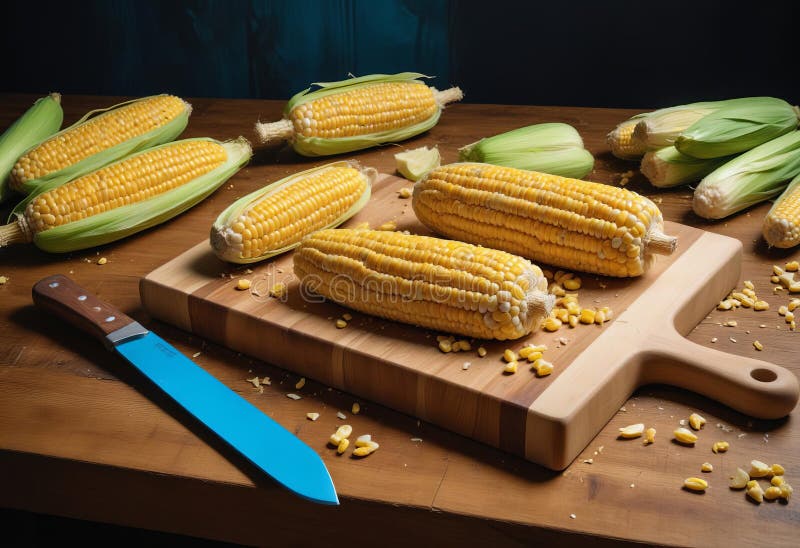 Wooden Chopping Board with Fresh Corn on Table Stock Illustration ...