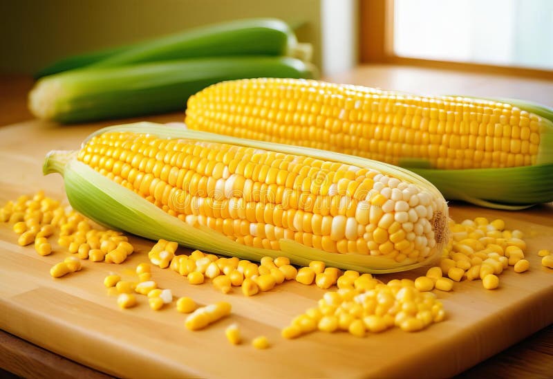 Wooden Chopping Board with Fresh Corn on Table Stock Illustration ...
