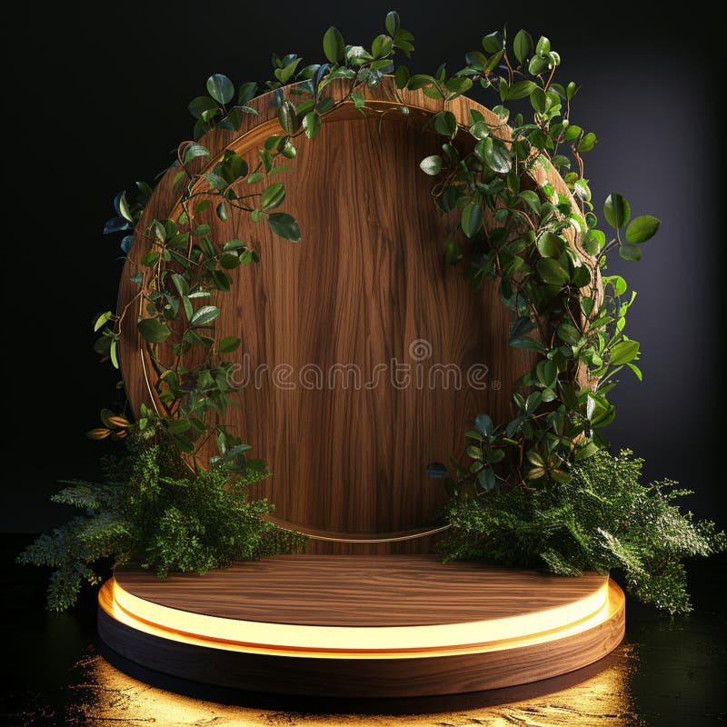 Wooden Circle Platform Surrounded by Greenery on Black Background Stock ...