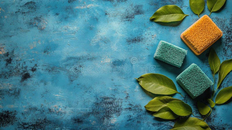 Wooden Cleaning Tools and Herbs on a Rustic Blue Wooden Background ...