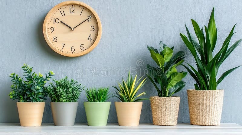 Wooden Clock, Potted Plants, Shelf, Interior, Calm Stock Photo - Image ...