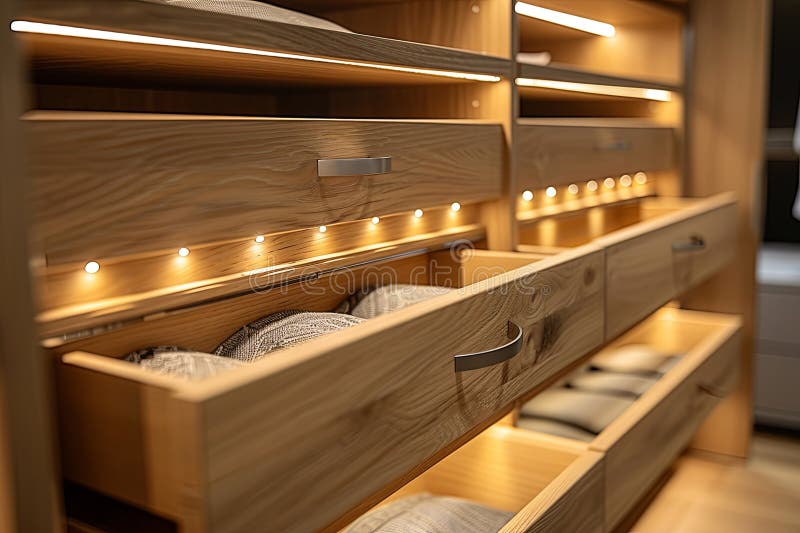 Wooden Closet with Drawers and Lighted Shelves Stock Illustration ...