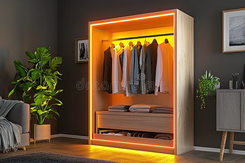 A Wooden Closet with a Lighted Strip on the Inside Stock Photo - Image ...