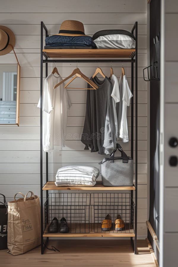 A Wooden Clothes Rack with Hats and Clothes Hanging on it. Interior ...
