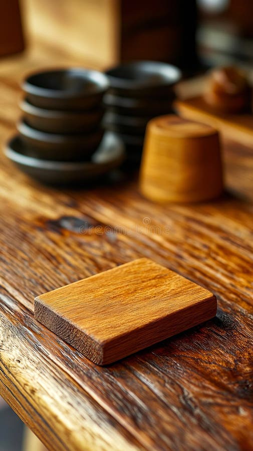 A Wooden Coaster Sitting on Top of a Wooden Table Stock Image - Image ...