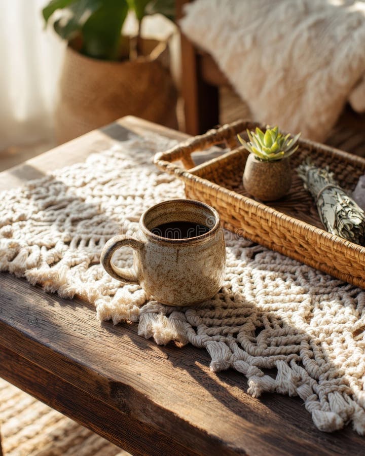 Boho Coffee Table with Macrame Runner and Ceramic Mug Stock ...