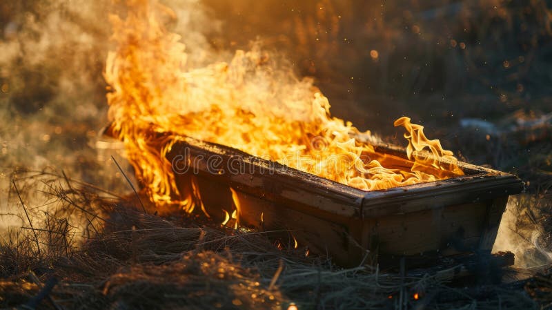 Wooden Coffin Burning in an Open Field with Thick Smoke, Intense Fire ...