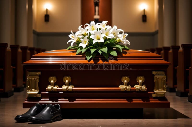 A Wooden Coffin and Flowers Stock Illustration - Illustration of family ...