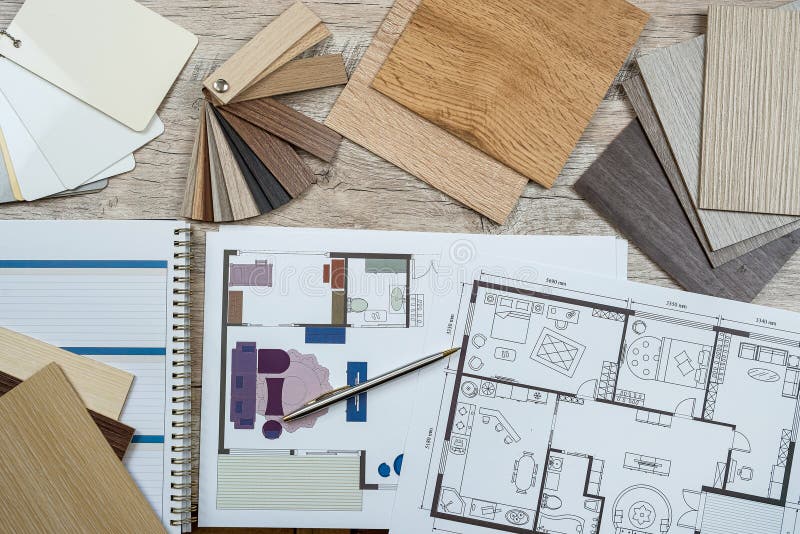 Wooden Color Samples with Drawing Sketch Plan on Office Desk , Creative ...