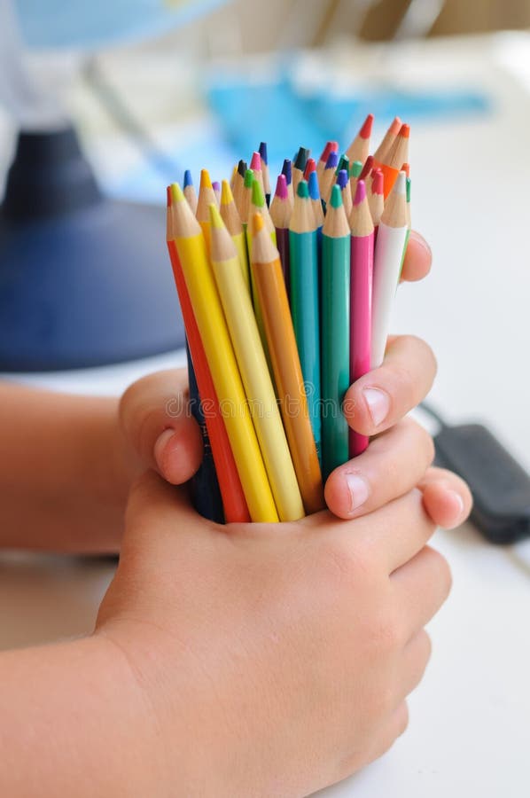 Group of Bright Color Pencils in the Hand Stock Photo - Image of design ...