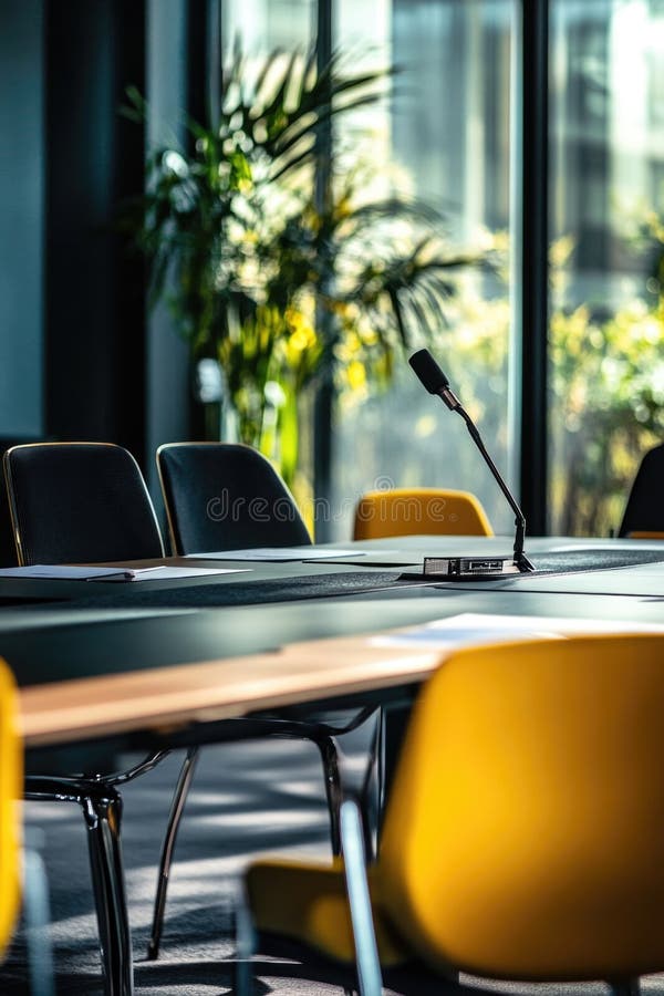 A Wooden Conference Table with a Microphone Placed on Top, Perfect for ...
