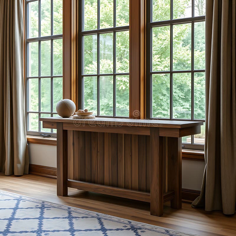 A Wooden Console Table with a Rustic Design Placed by a Large Window ...