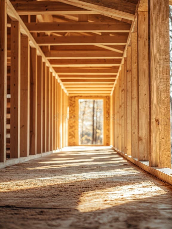 Wooden Construction Framework with Sunlight Filtering through. Stock ...
