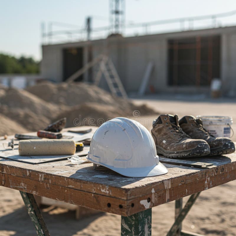 A Wooden Construction Table on a Sandy Site Holds Various Tools, a ...