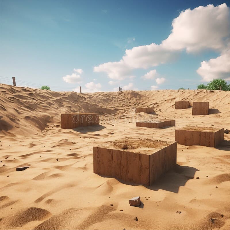 Wooden Constructions, Wooden Objects ,desert Landscape with Several ...